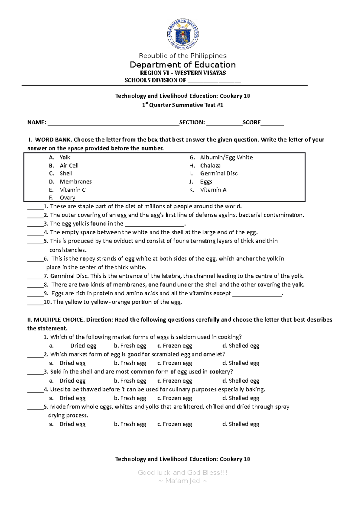 Cookery 10 1st Quarter Summative Test Review and Questions - Studocu