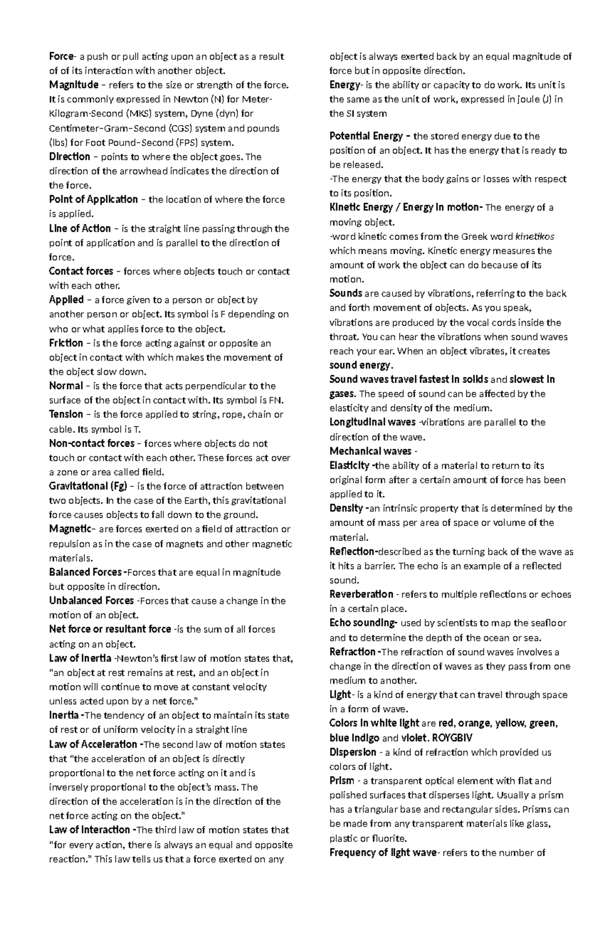 Science 8: Review Notes on Forces, Energy, and Waves - Studocu
