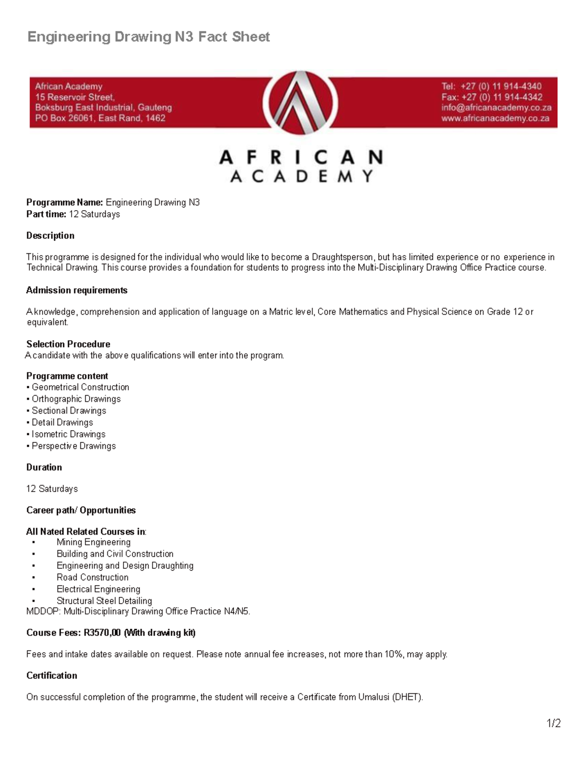 Engineering Drawing N3 Fact Sheet: Course Overview & Details - Studocu
