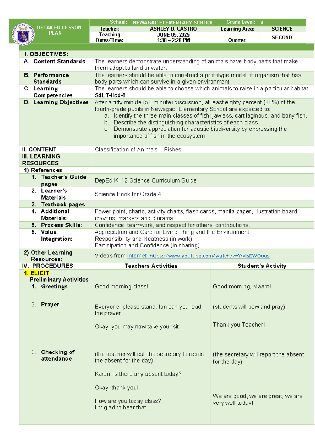 DLP SCIENCE 4: Classification of Fishes Lesson Plan - Studocu