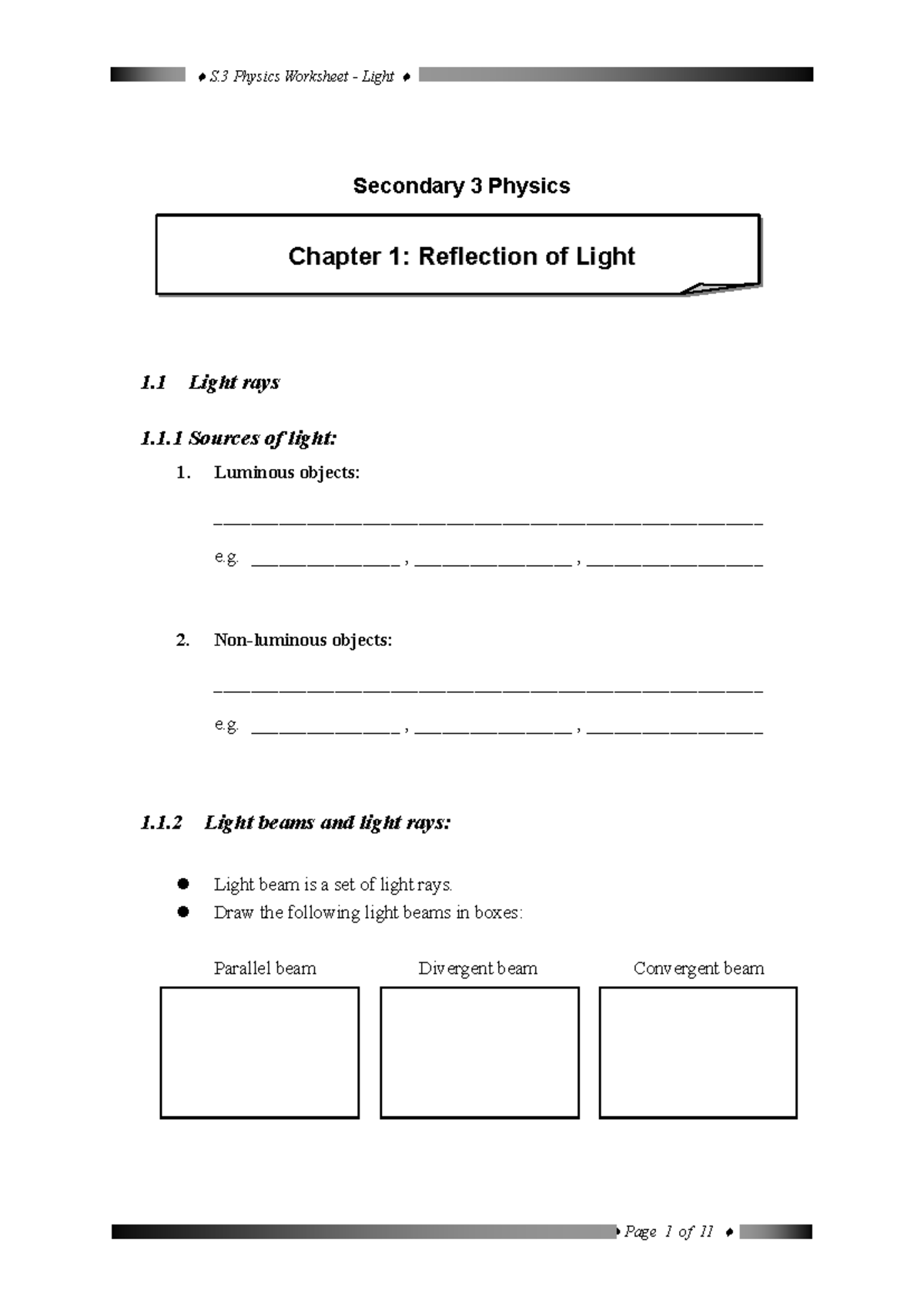 S.3 Physics Worksheet: Chapter 1 - Reflection of Light Concepts - Studocu