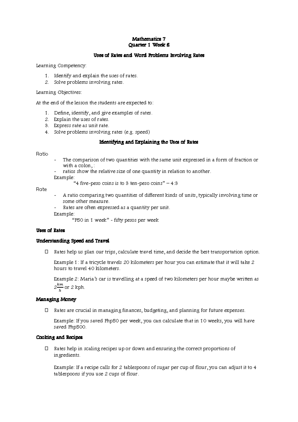MATH 7 Quarter 1 WEEK 6 - Lecture notes - Mathematics 7 Quarter 1 Week ...