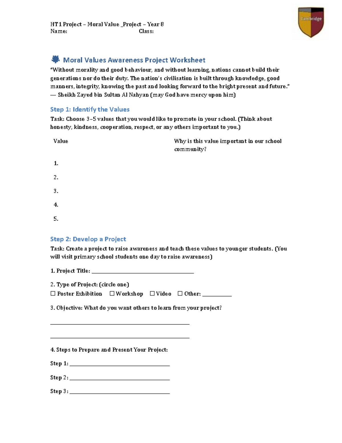 HT1 Project: Moral Values Awareness Worksheet for Year 8 - Studocu