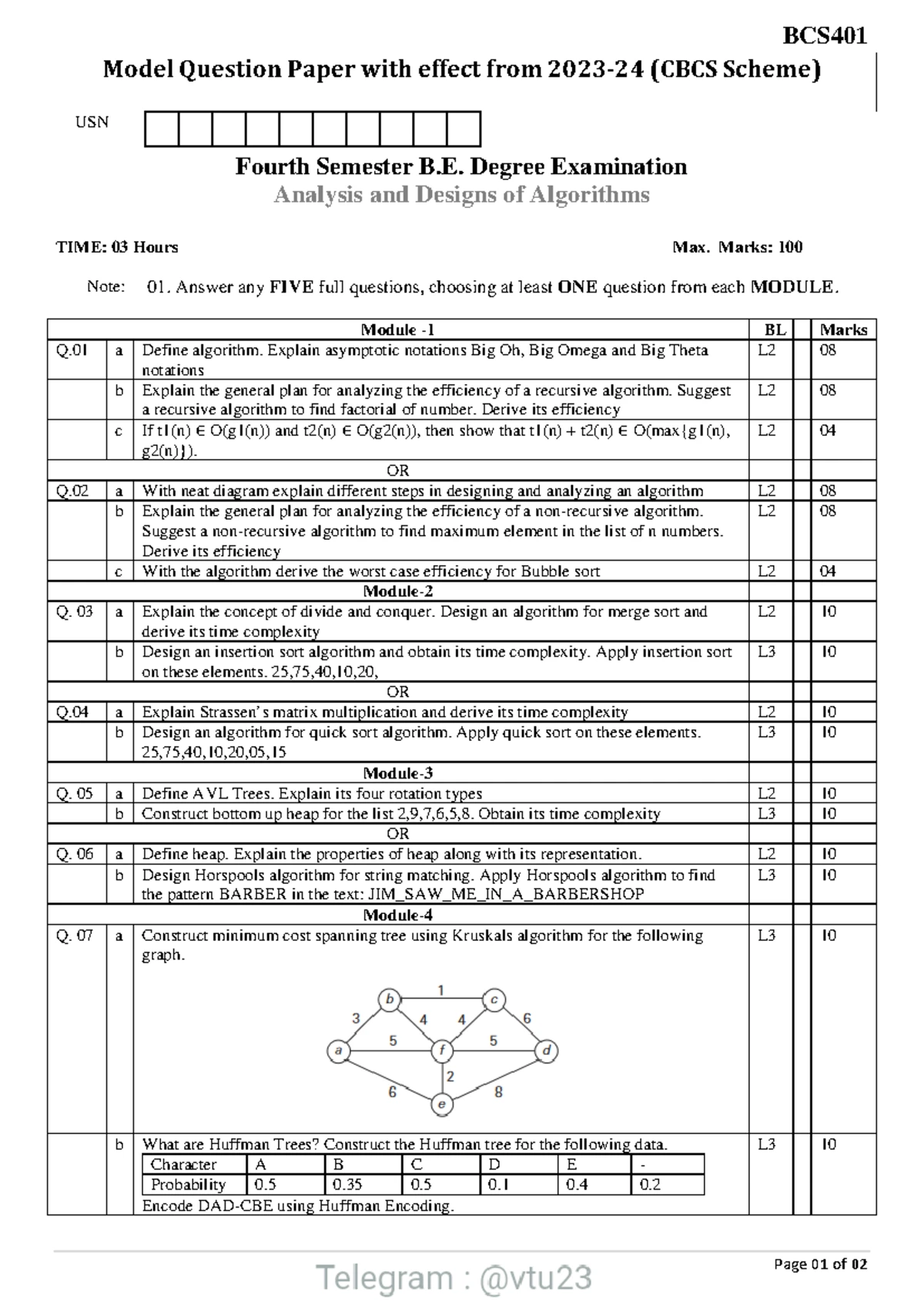 Bcs401 Model Question Paper For Analysis And Design Of Algorithms