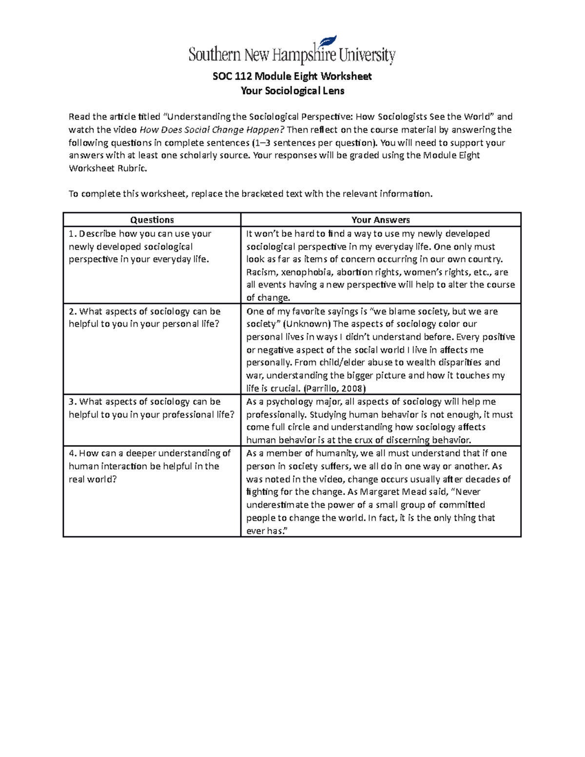 SOC 112 Module 8 Worksheet: Applying Sociological Perspectives - Studocu