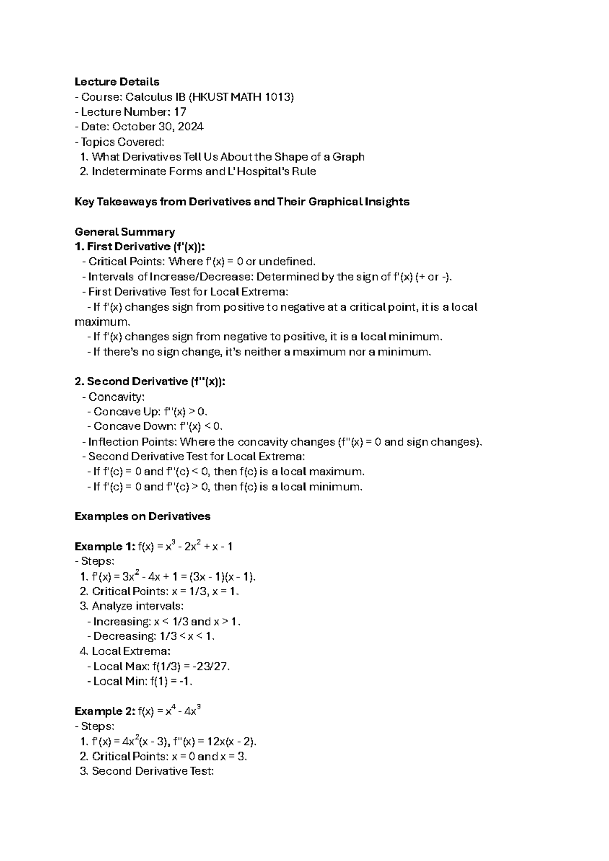 Calculus IB Lecture 17: Derivatives & Graphical Insights (MATH 1013 ...