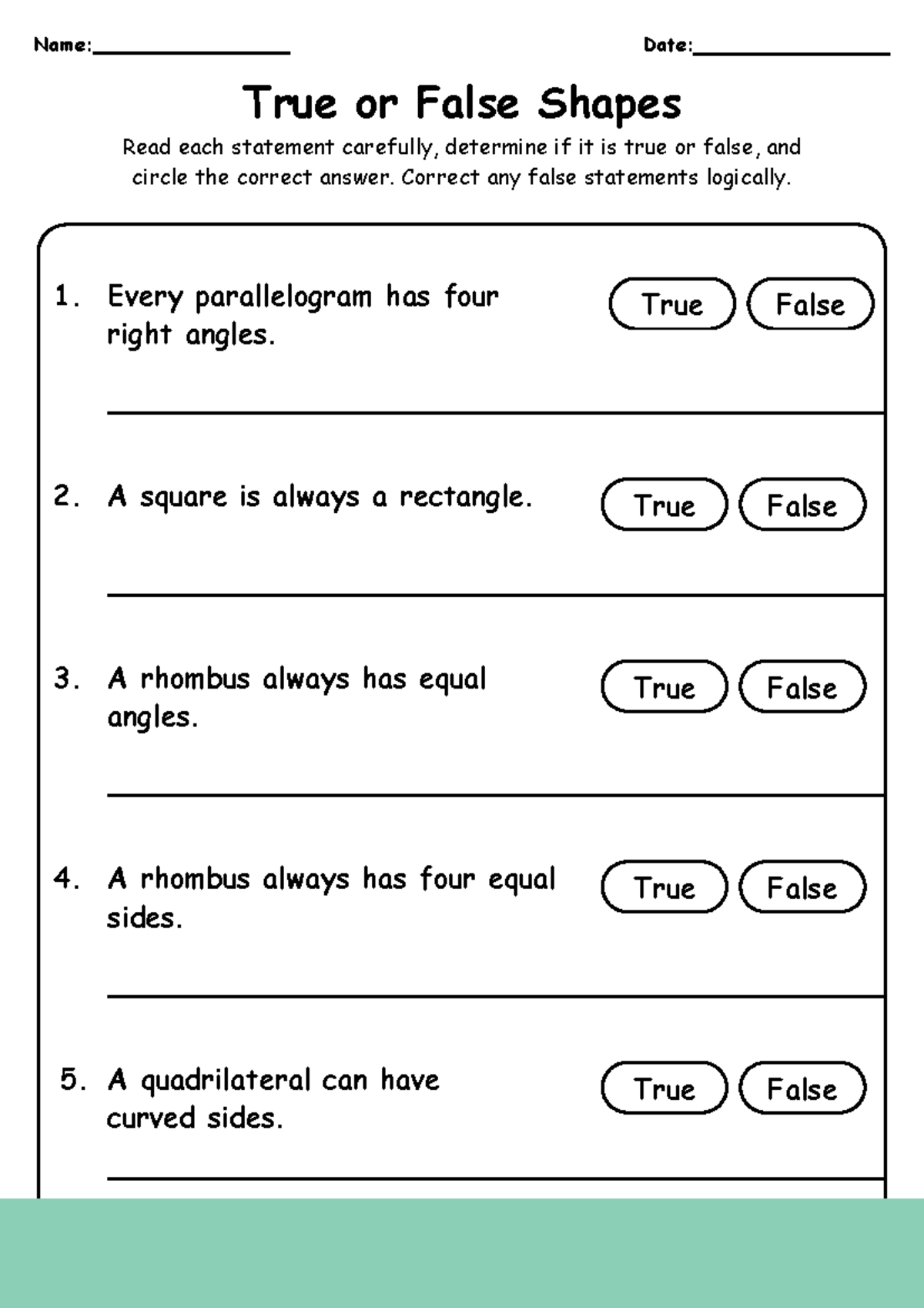 5th Grade Geometry: True or False Shapes Worksheet - Studocu