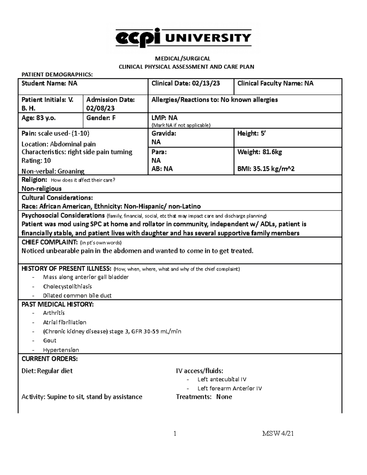 CARE PLAN 3 - Clinical Care plan assignments for acute care nursing ...