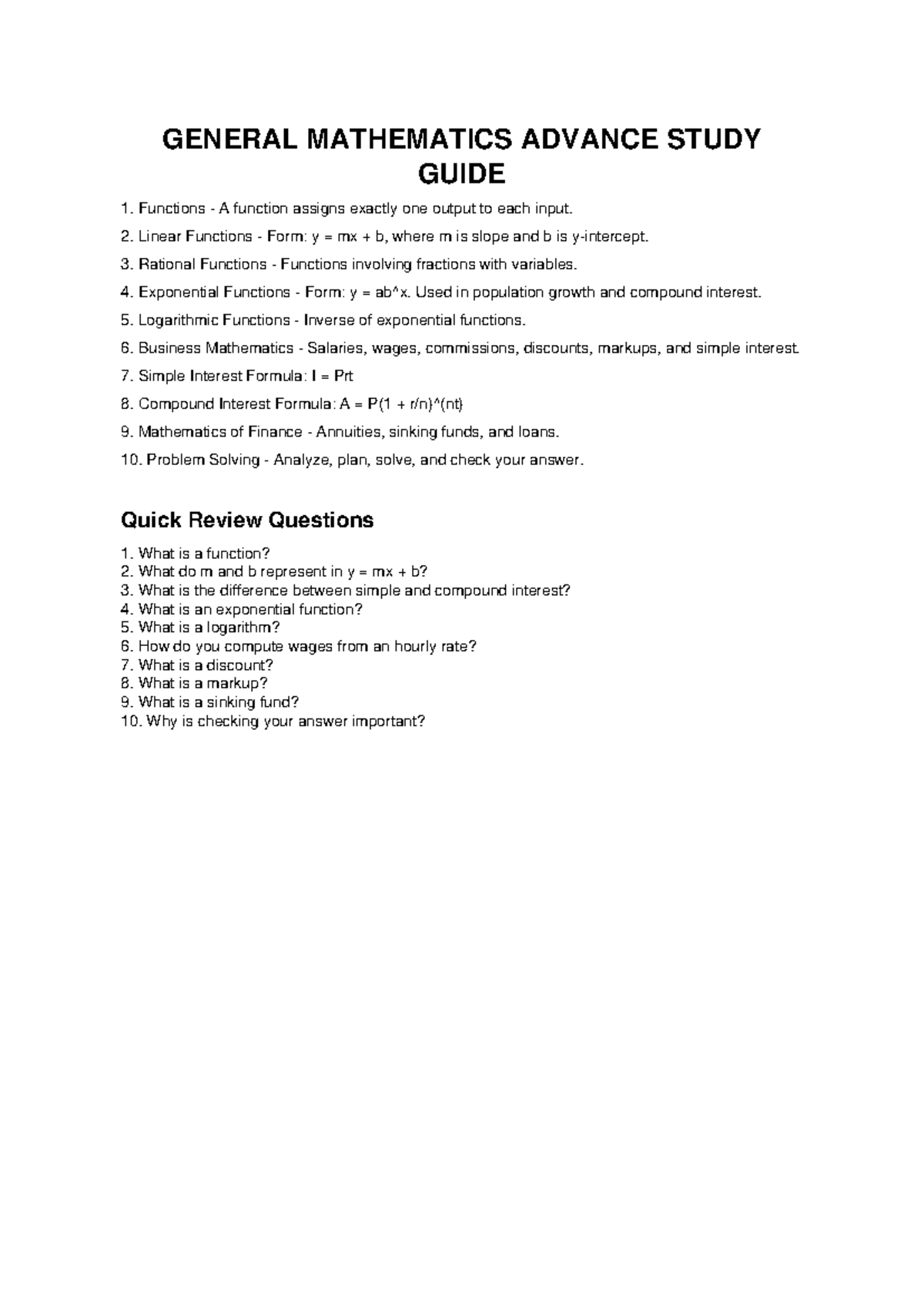 MATH 101: Advanced Study Guide on Functions and Finance Concepts - Studocu