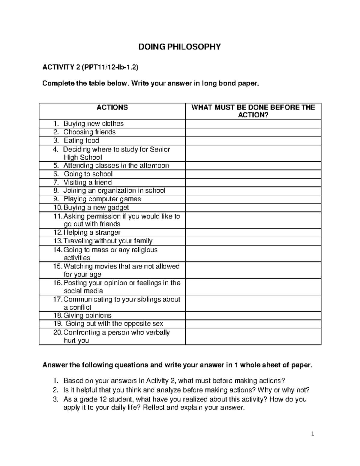 Intro TO Philo Activity Sheet 2 - 1 DOING PHILOSOPHY ACTIVITY 2 (PPT11 ...
