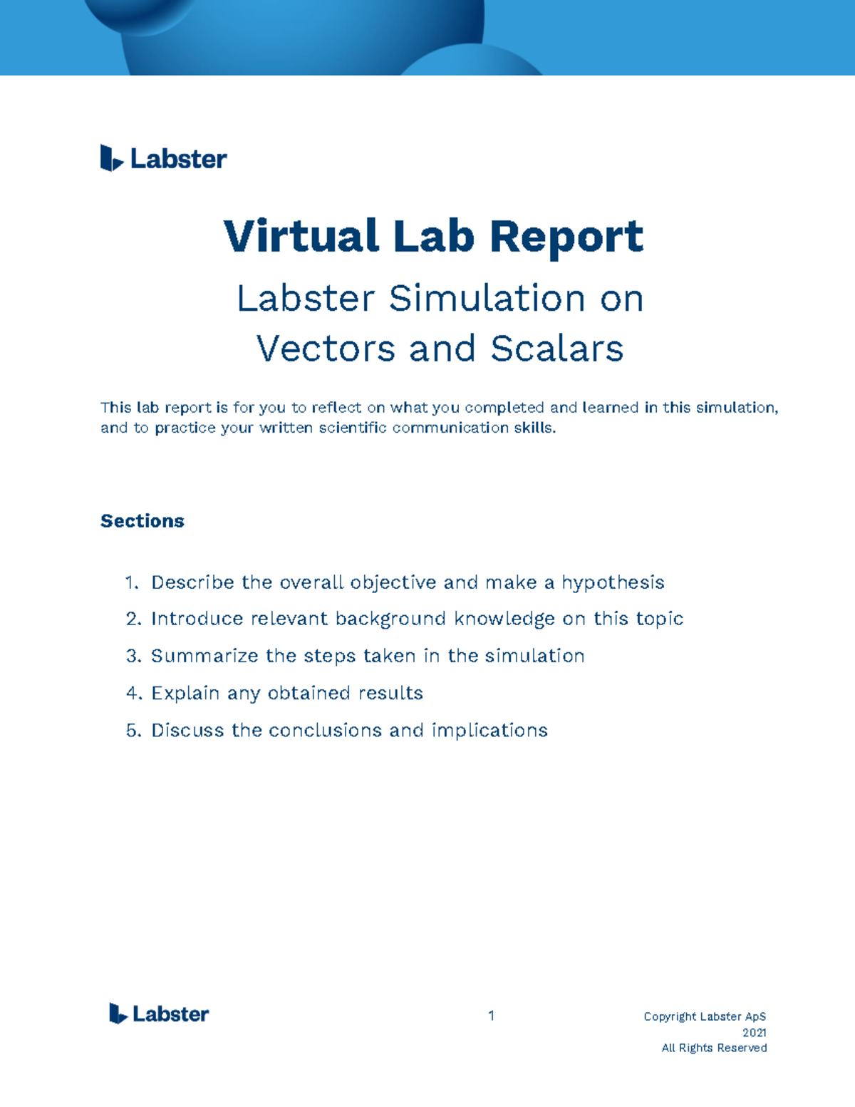 LAB Report 1 - Vectors and Scalars - 1 Copyright Labster ApS 2021 Virtual Lab Report Labster ...