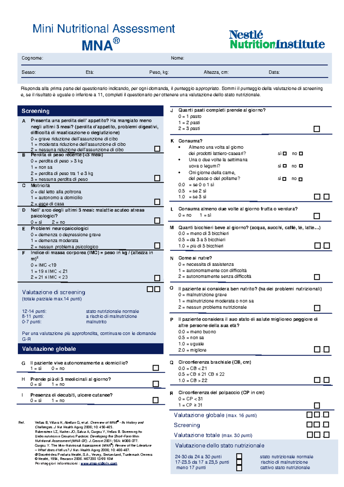 Mini Nutritional Assessment (MNA) for Nutritional Health Screening ...