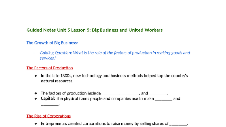 Guided Notes Topic 5 Lesson 5: Big Business & Labor Dynamics - Studocu