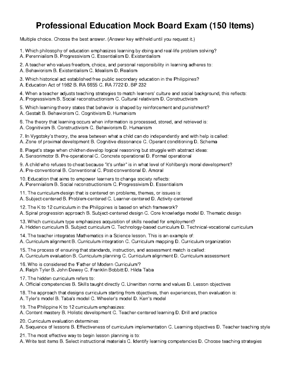 Professional Education Mock Board Exam (150 Items) - Complete Guide ...