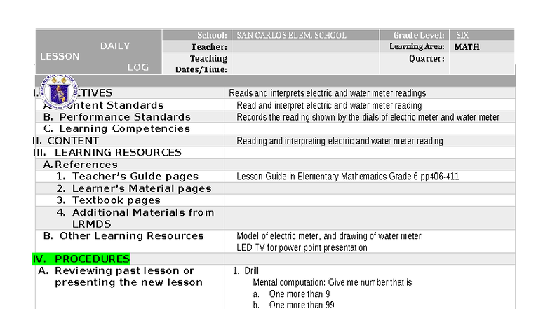 MATH-6-COT Lesson Plan: Reading Electric & Water Meters - Studocu