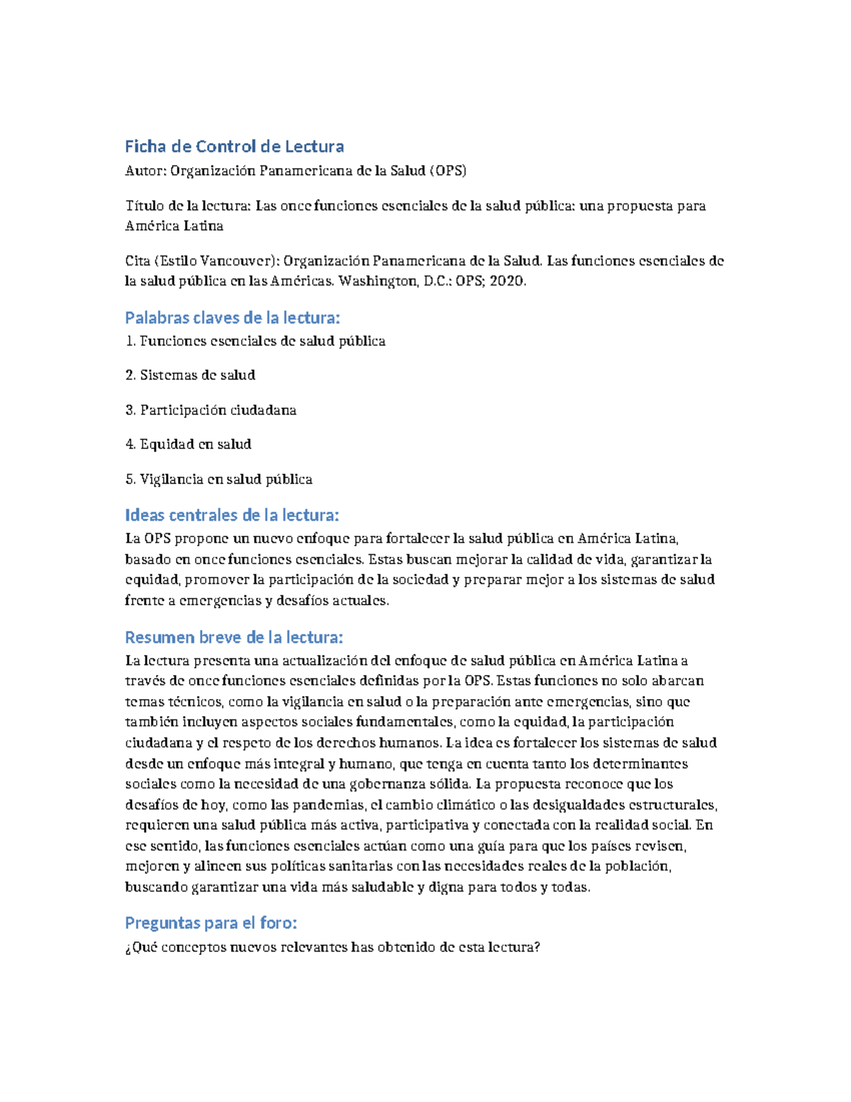 Ficha Control Lectura OPS - Ficha de Control de Lectura Autor: Organización Panamericana de la ...
