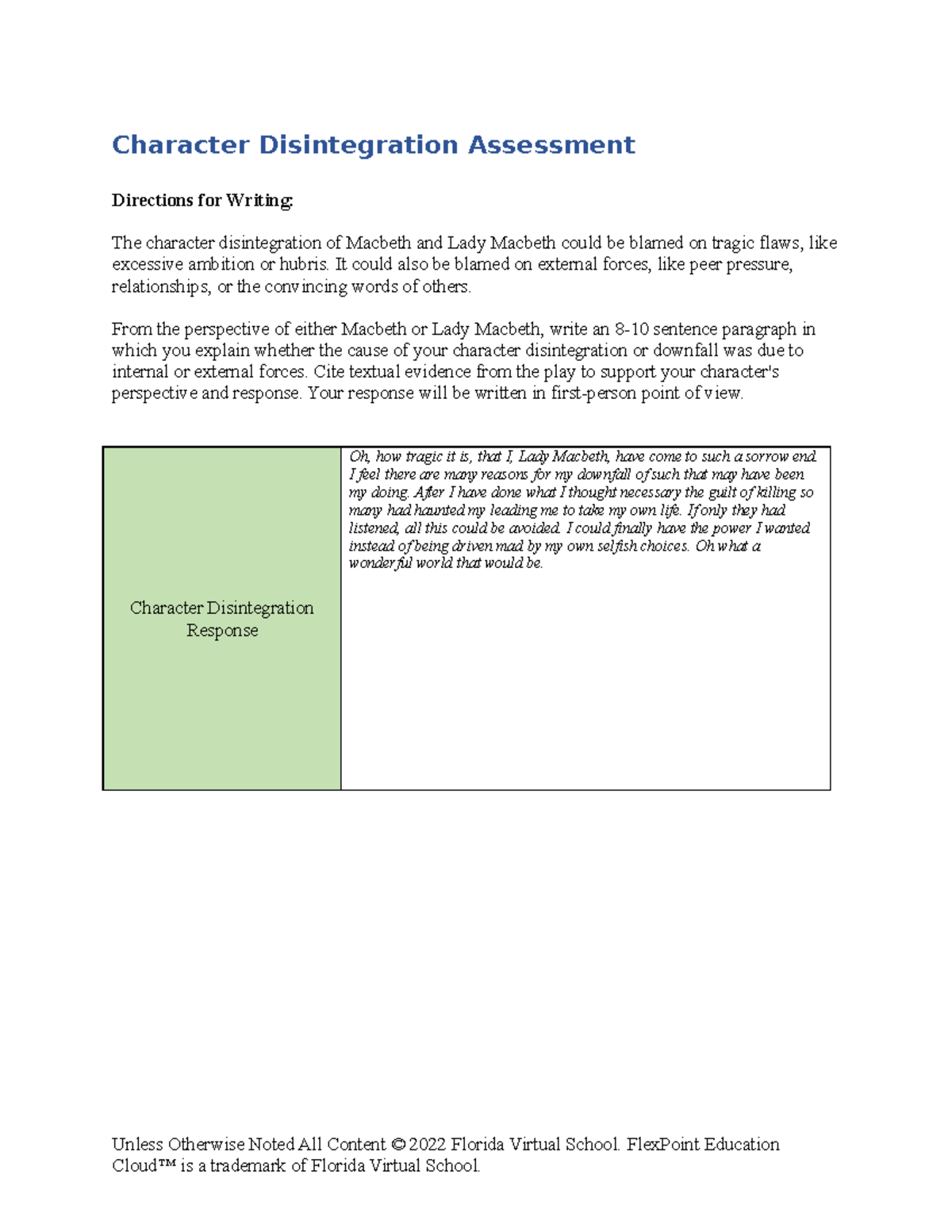Character disintegration rubric - Character Disintegration Assessment ...
