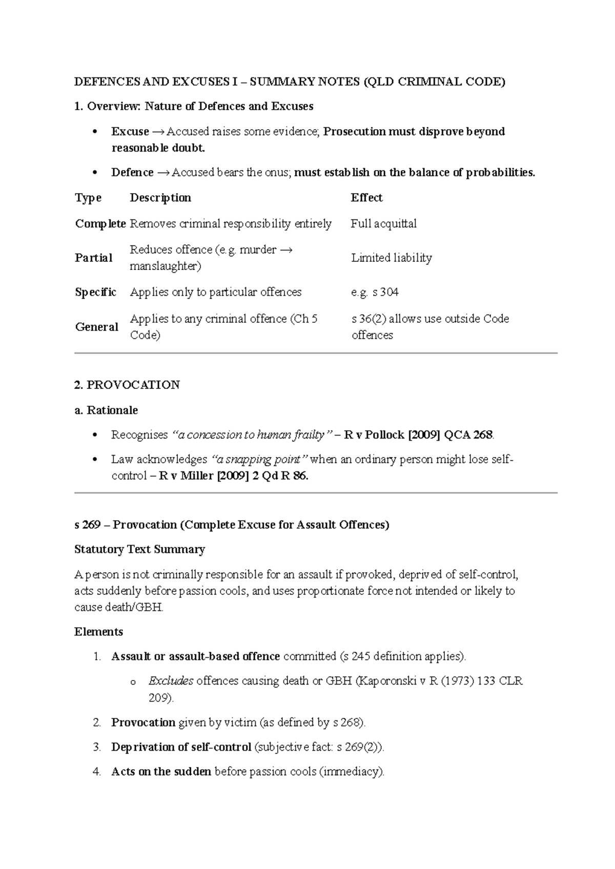 Week 10 Lecture: Defences and Excuses I Summary (QLD Criminal Code ...