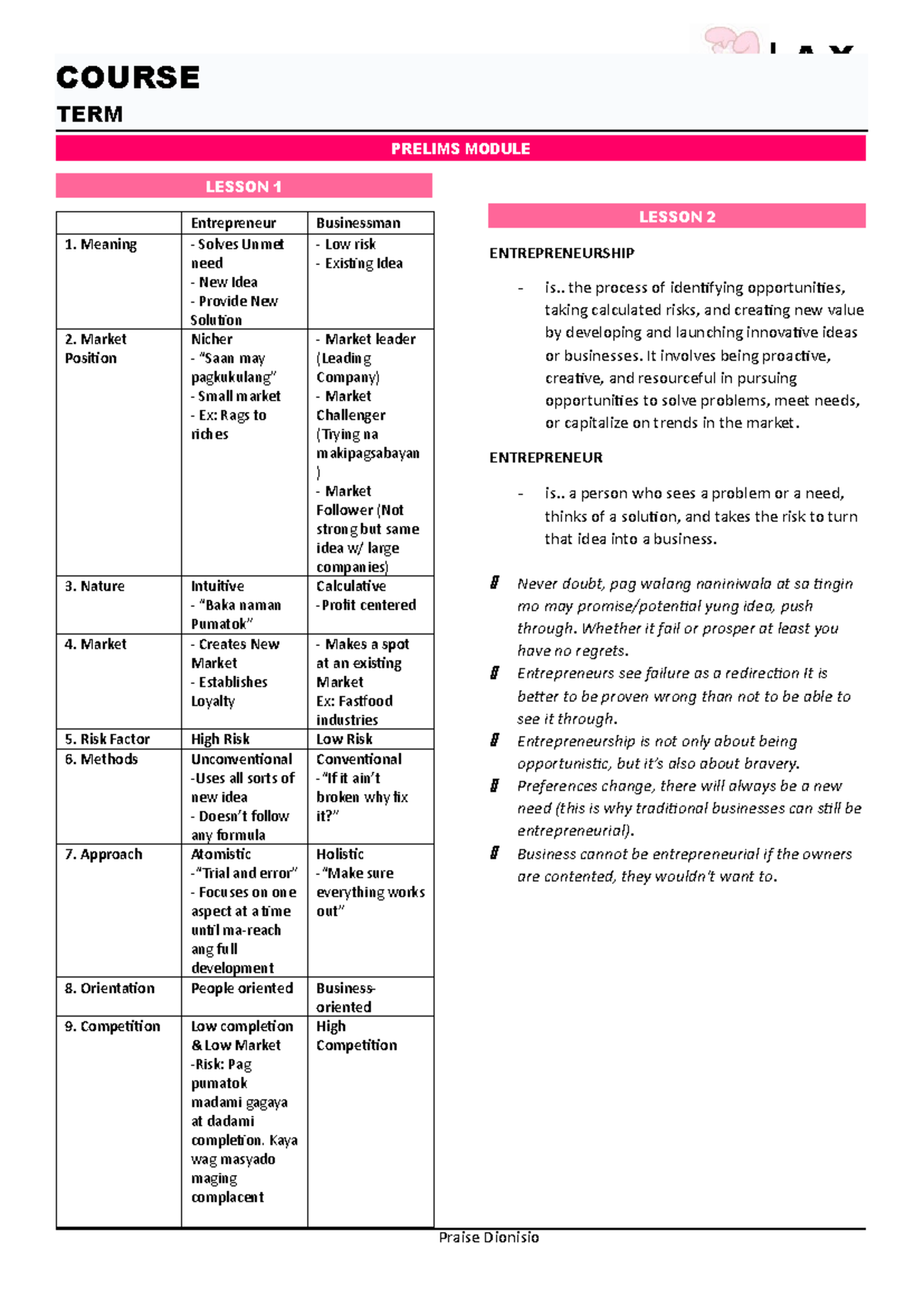 Reviewer Prelims - SSP01: Entrepreneurship Concepts and Market ...