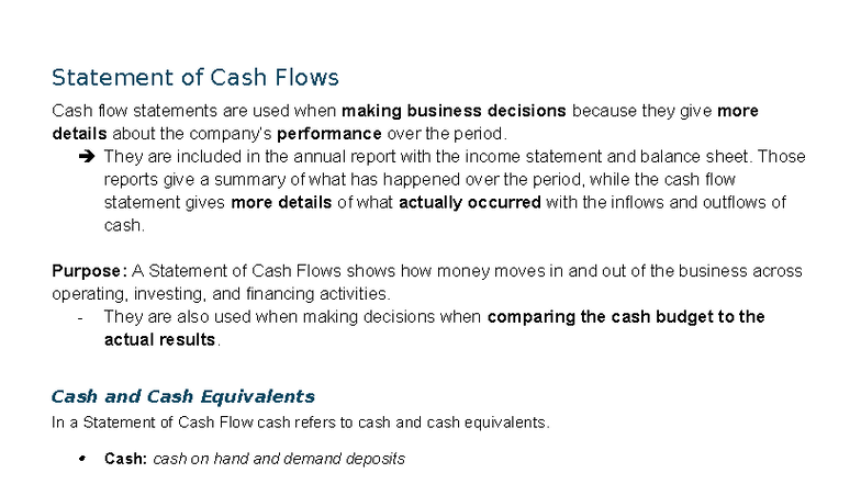 UNIT 4 analysis of cash flows - Statement of Cash Flows Cash flow ...