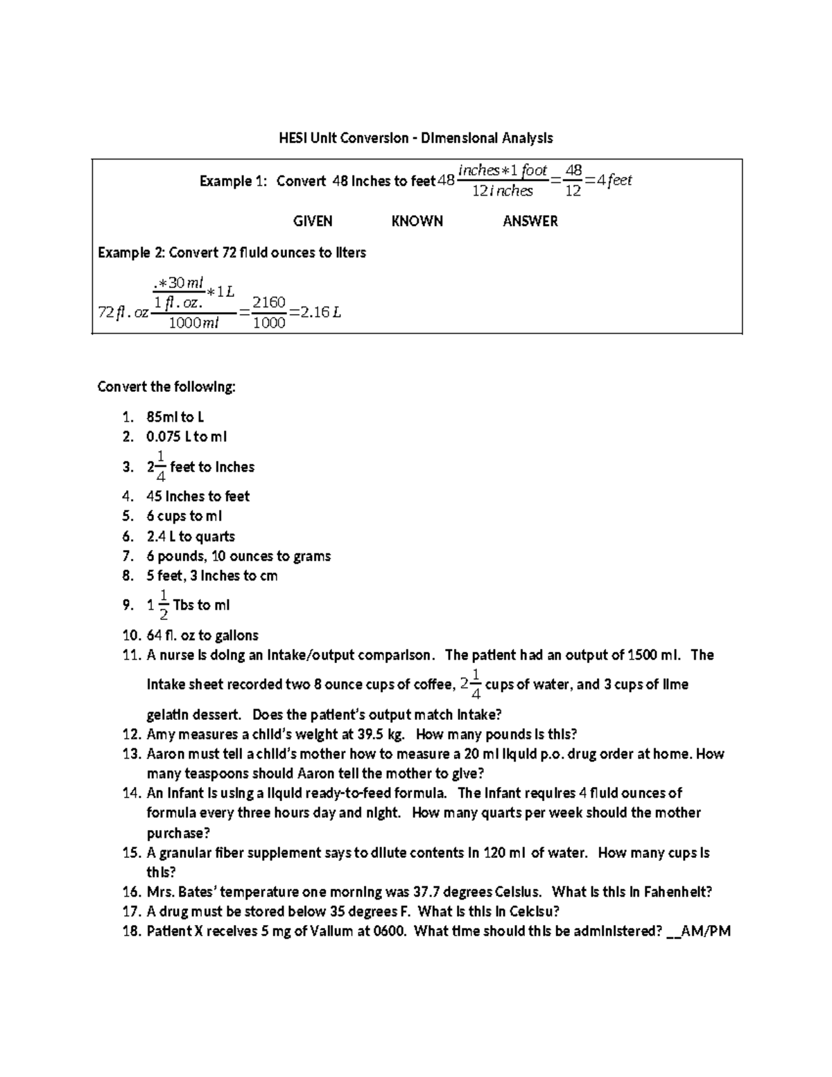 HESI Conversions: Dimensional Analysis Examples and Practice - Studocu