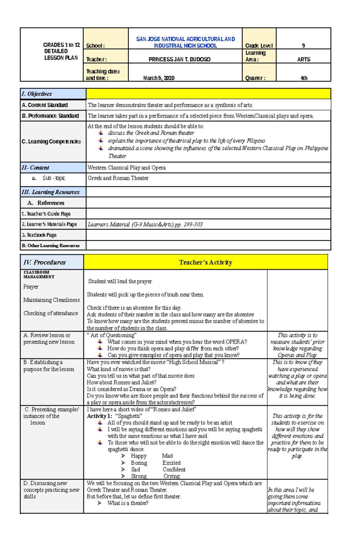 COT-ARTS 9: Detailed Lesson Plan on Greek & Roman Theater - Studocu