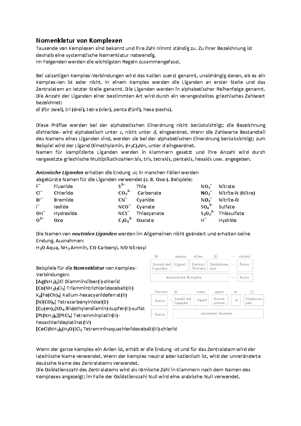 Nomenklatur von Komplexen: Wichtige Regeln und Beispiele - Studocu