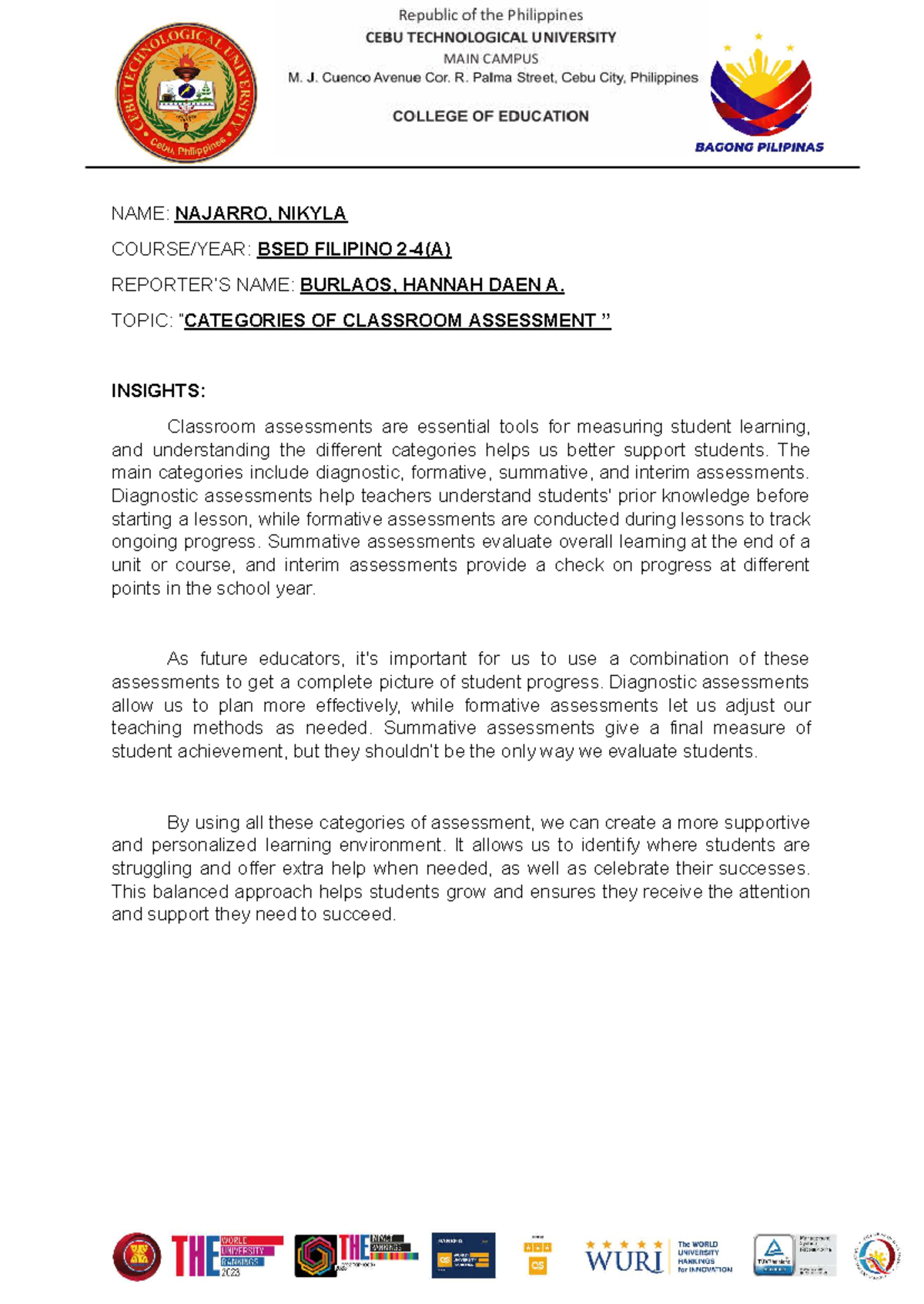 BSED Classroom Assessment Insights: Types & Importance - Studocu