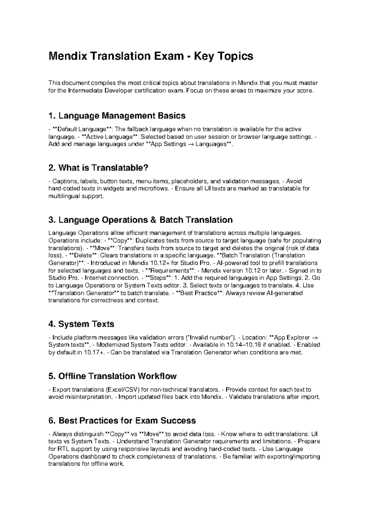 Mendix Translation Exam Key Topics for Intermediate Dev Cert - Studocu
