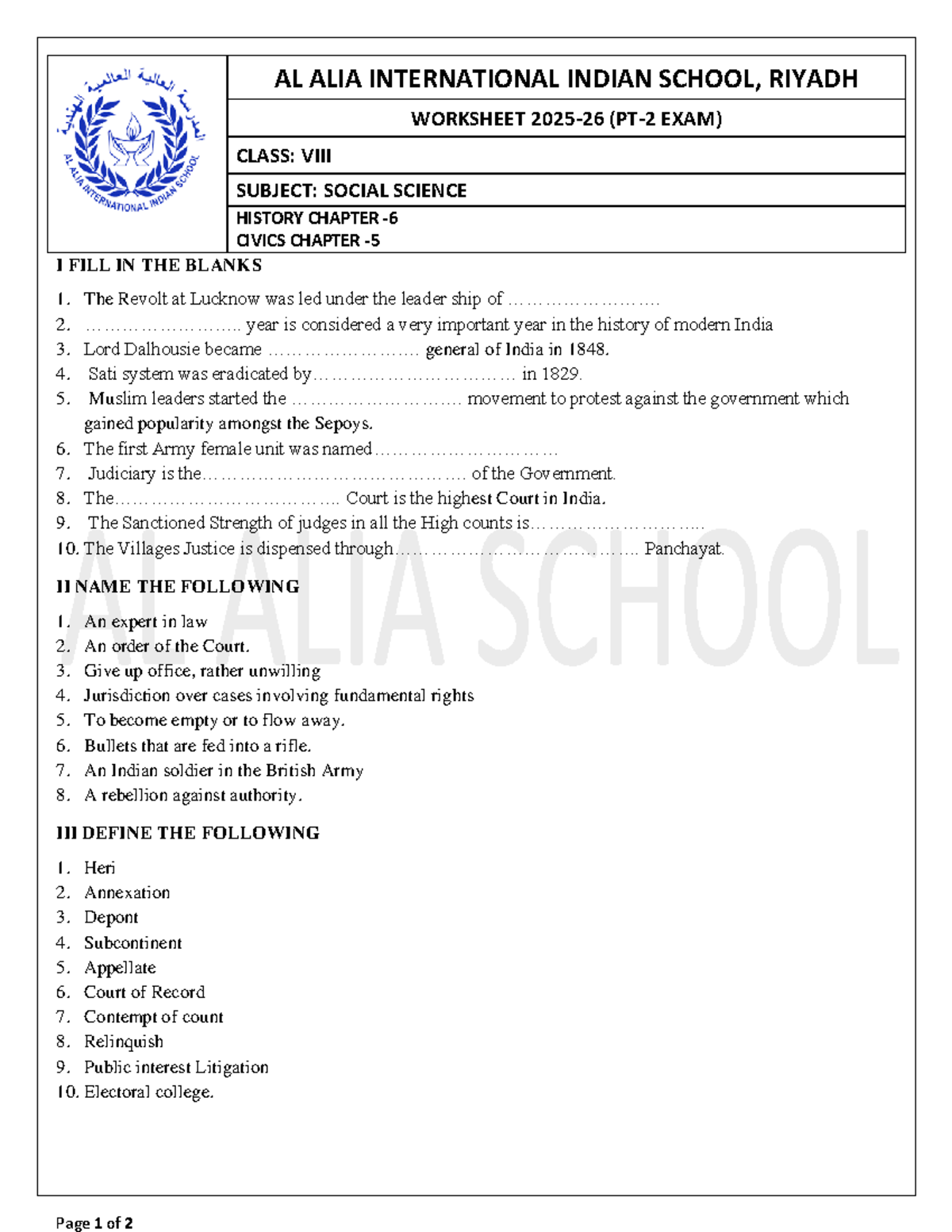 AL ALIA INTERNATIONAL INDIAN SCHOOL SOCIAL SCIENCE CHAPTER I WORKSHEET ...