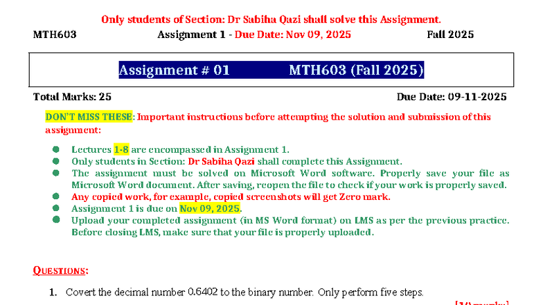 MTH603 Fall 2025 - Assignment 1 Instructions & Questions - Studocu