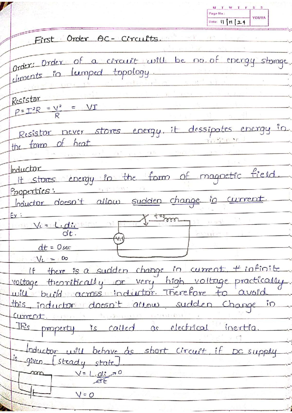 MTWTFSS - First Order Circuits: Energy Storage Elements Analysis - Studocu