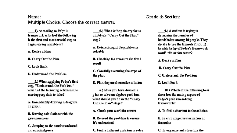 Multiple Choice Quiz - Problem Solving Framework (Course Code: MCQ101) - Studocu