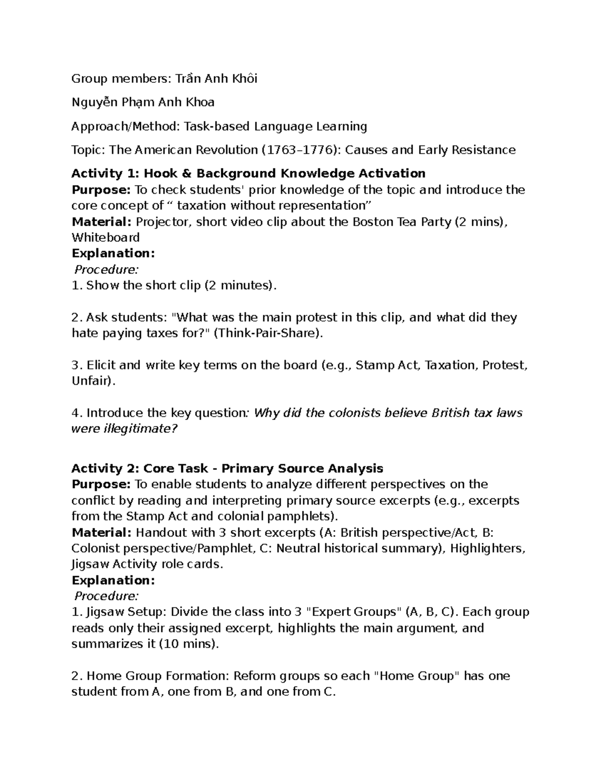 Lesson Plan: The American Revolution Causes & Resistance (ENG101) - Studocu