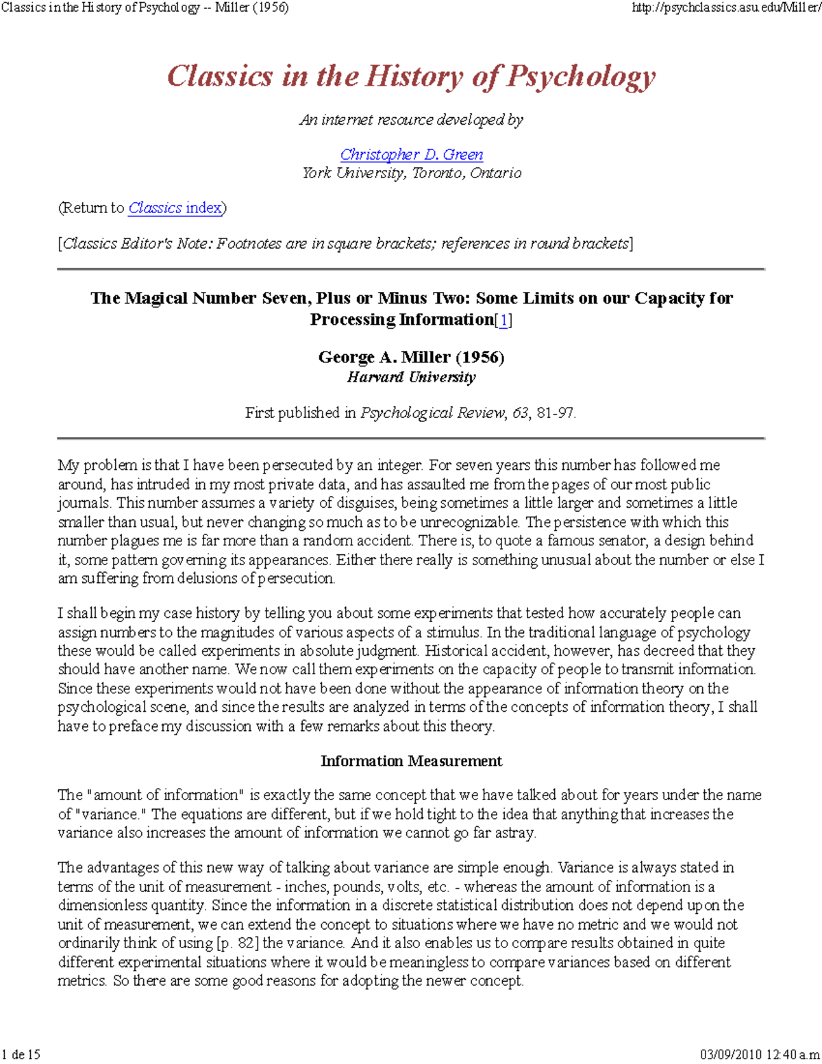 Classics in Psychology: Miller's Magical Number Seven (ADV10002) - Studocu