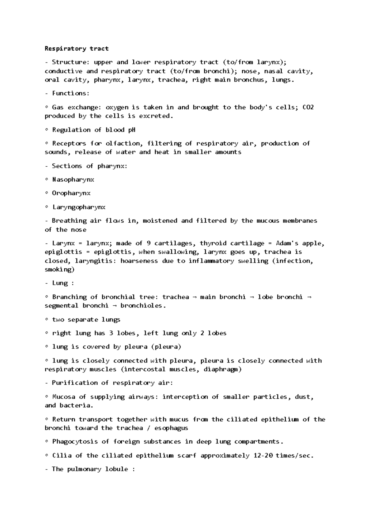Respiratory tract - Lecture notes 2 - Respiratory tract Structure ...