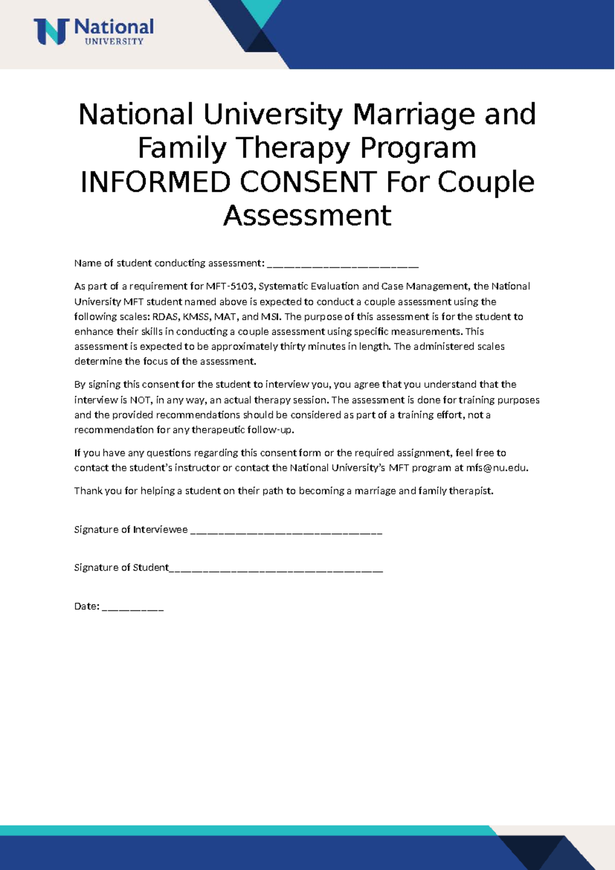 MFT-5103 Informed Consent for Couple Assessment and Training - Studocu