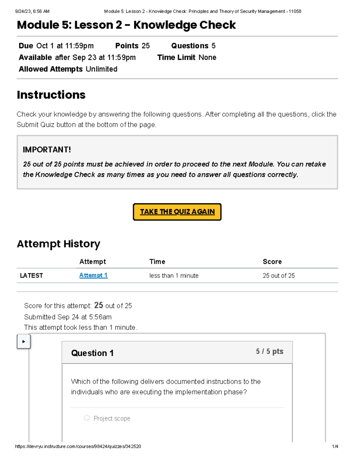 Module 5 Lesson 2 - Knowledge Check Principles and Theory of Security Management - 25 25 ...