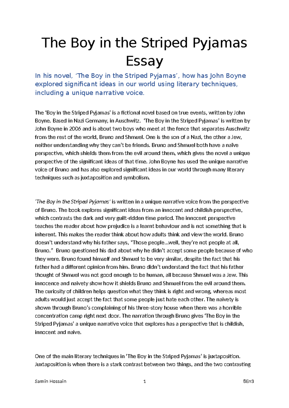 ENG 8E: Literary Techniques in "The Boy in the Striped Pyjamas" Essay ...