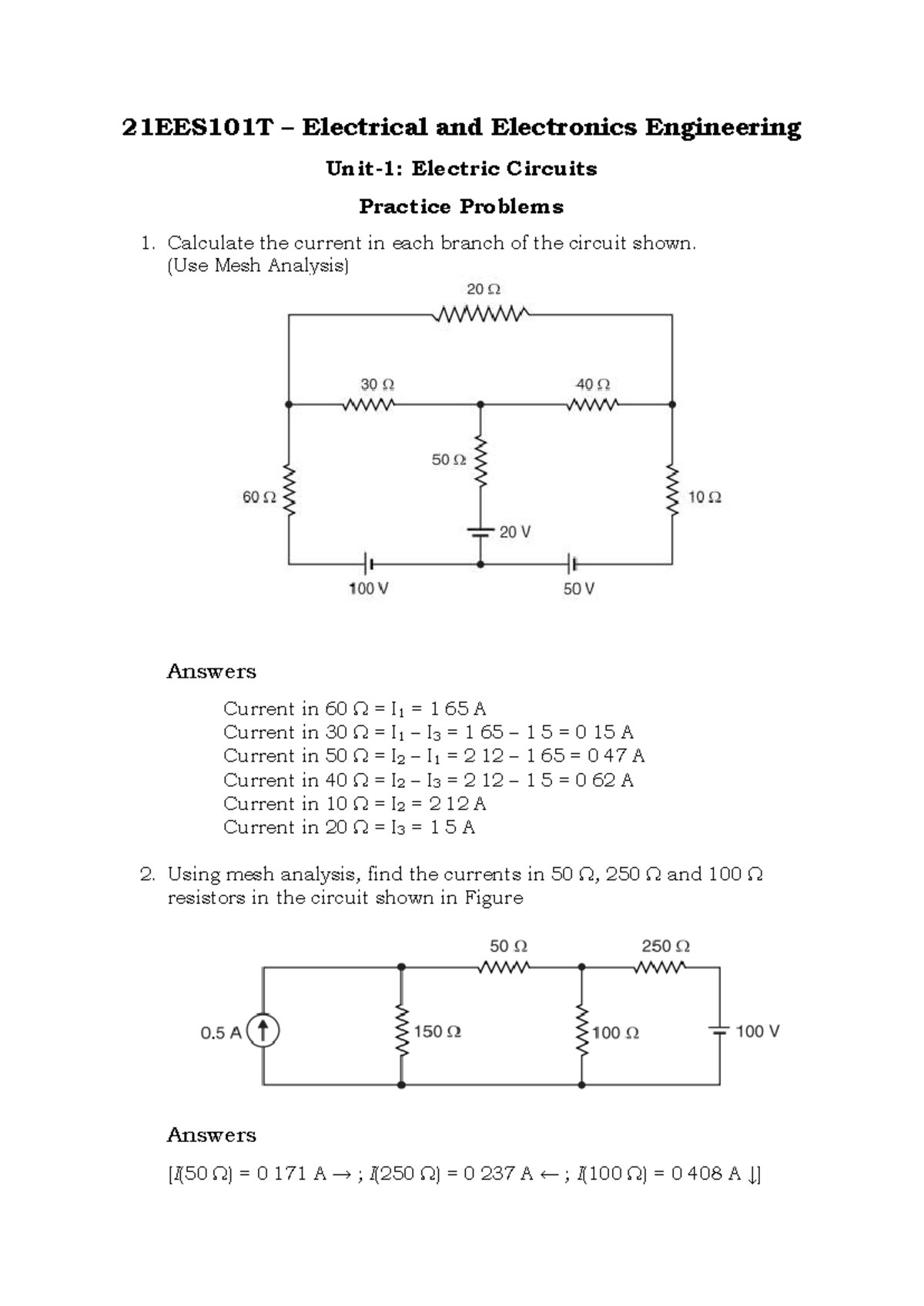 21EES101T Electrical Engineering Electric Circuits Practice Problems ...