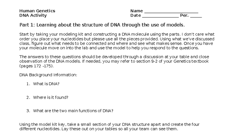 DNA Lab Activity 2022: Exploring DNA Structure & Replication - Studocu