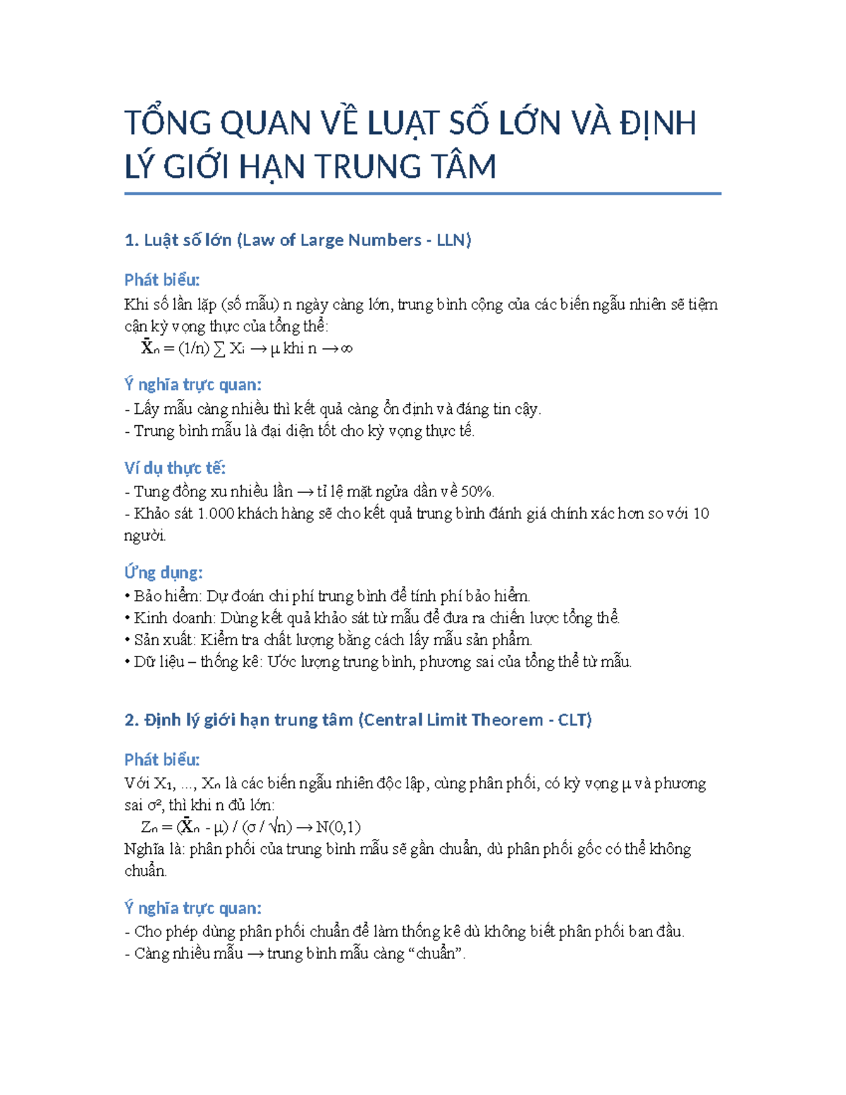 Tổng Quan Về Luật Số Lớn (LLN) & Định Lý Giới Hạn Trung Tâm (CLT) - Studocu