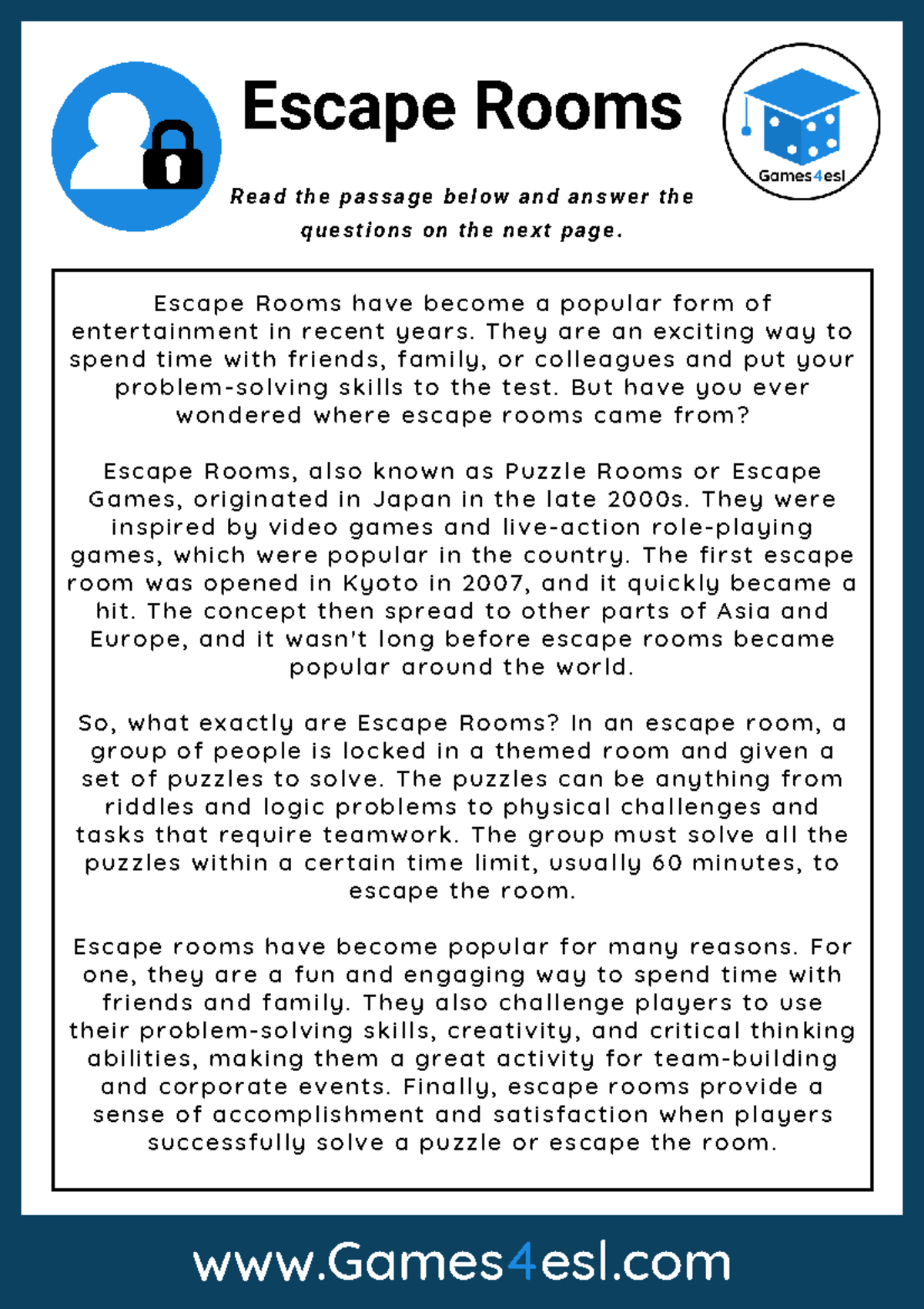 Reading Comprehension Worksheet: Escape Rooms Overview - Studocu