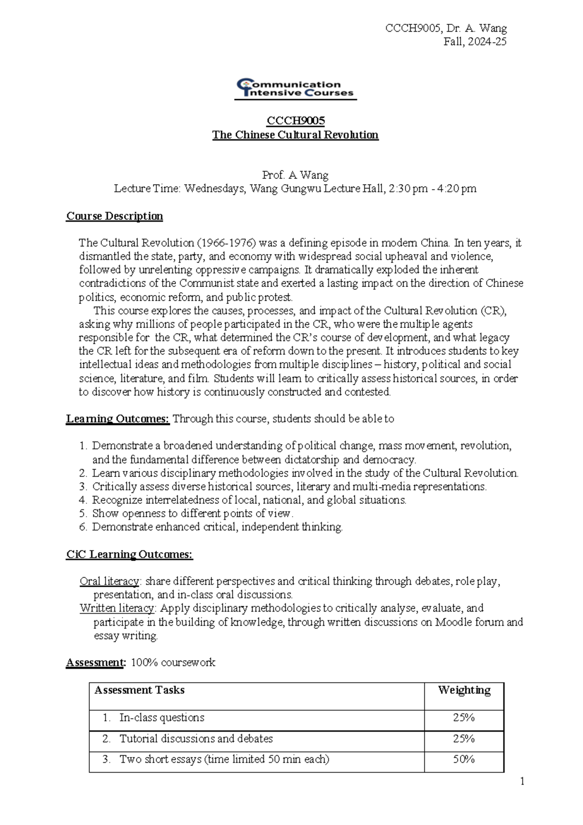 CCCH9005 Lecture Outline: The Chinese Cultural Revolution (2024-25 S1 ...