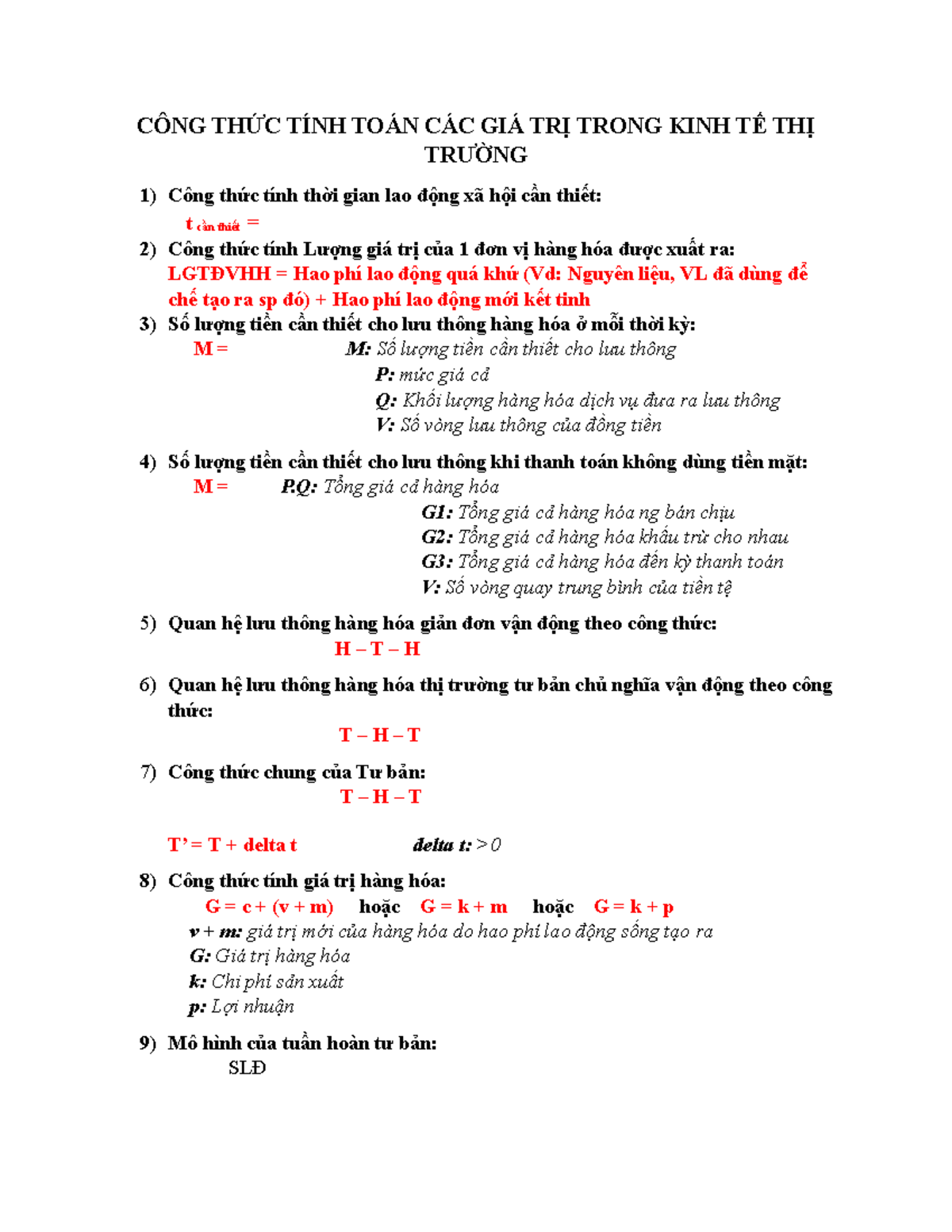 Công thức Tính Giá Trị trong Kinh Tế Thị Trường (KTCT Mác Lê-nin) - Studocu