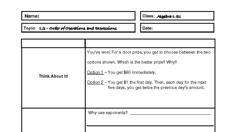 Algebra 1 S1: 1.2 Order of Operations & Expressions Notes - Studocu