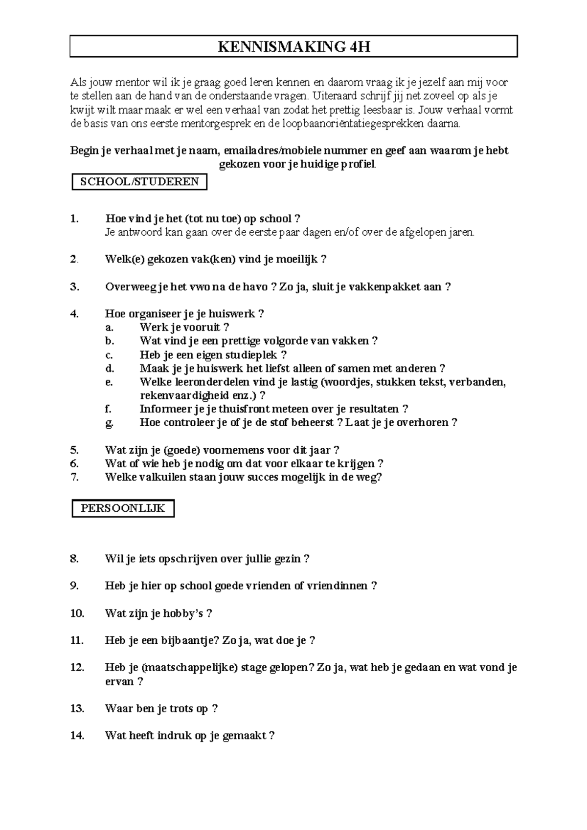 Kennismakingsformulier voor Mentorgesprek 4H - Persoonlijke Informatie ...