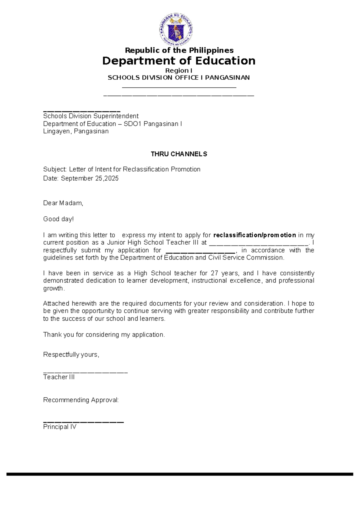 Letter of Intent for Reclassification Promotion - SDO1 Pangasinan - Studocu