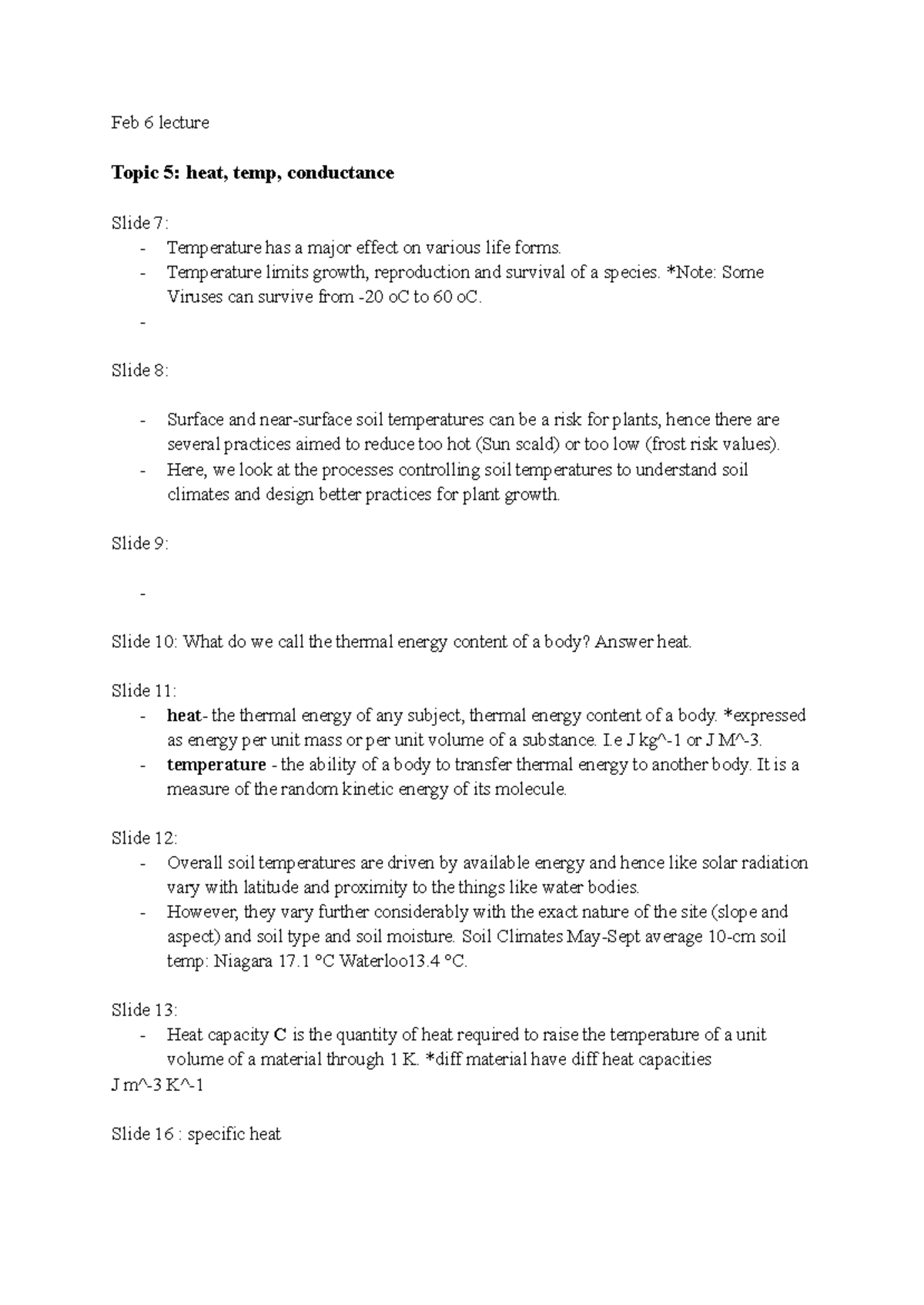 Envirsc 2C03 Lecture Notes: Heat, Temperature, and Conductance - Studocu