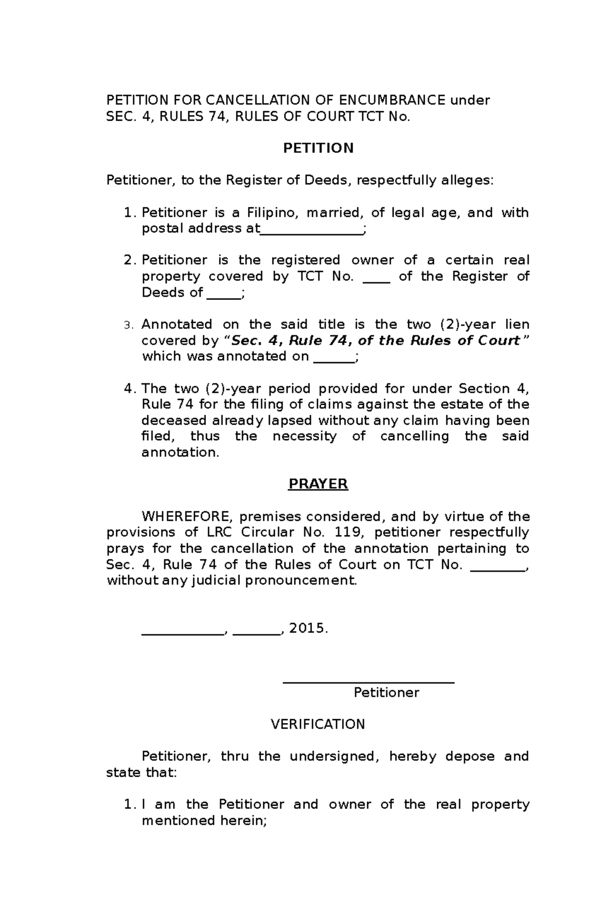 Petition for Cancellation of Encumbrance - Sec. 4, Rule 74, TCT No ...